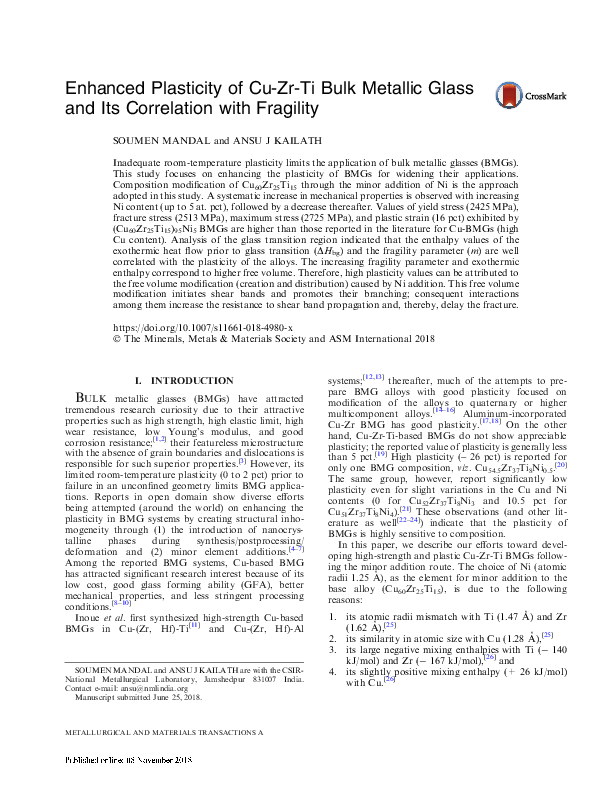 (PDF) Enhanced Plasticity of Cu-Zr-Ti Bulk Metallic Glass and Its Correlation with Fragility