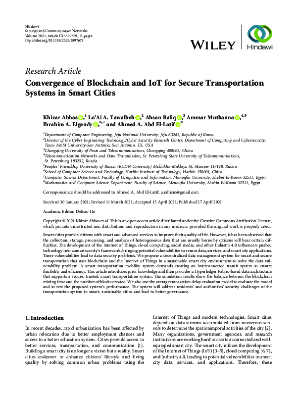 (PDF) Convergence of Blockchain and IoT for Secure Transportation Systems in Smart Cities