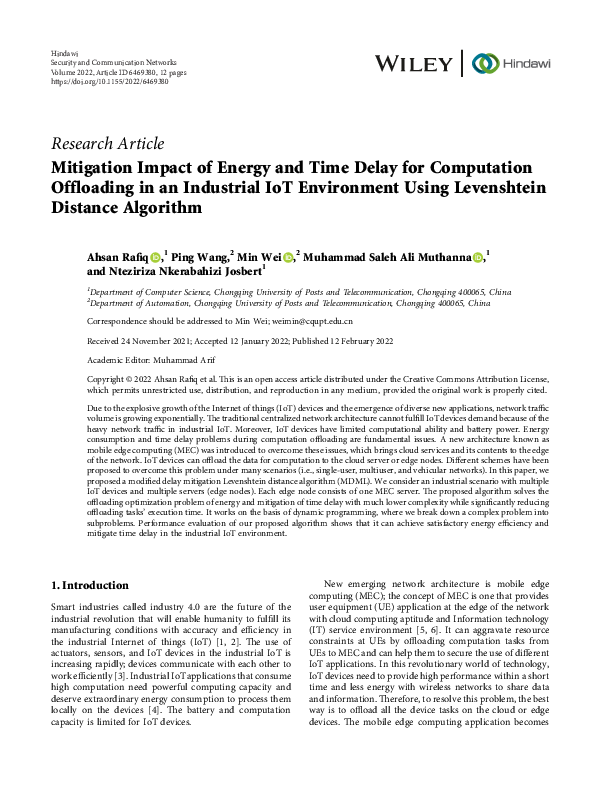 (PDF) Mitigation Impact of Energy and Time Delay for Computation Offloading in an Industrial IoT ...