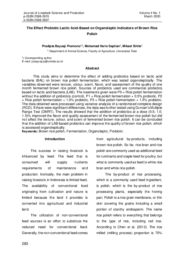 (PDF) The Effect Probiotic Lactic Acid-Based on Organoleptic Indicators ...