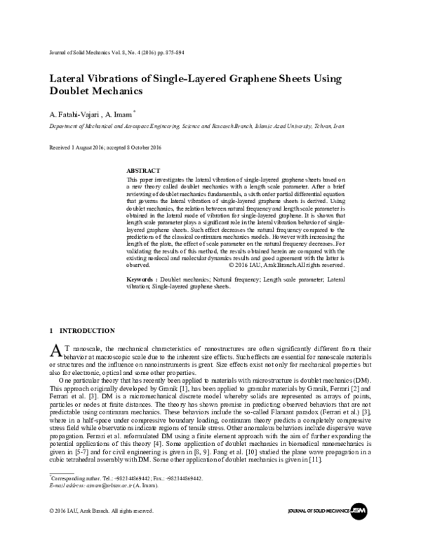 (PDF) Lateral Vibrations of Single-Layered Graphene Sheets Using Doublet Mechanics | ali imam ...