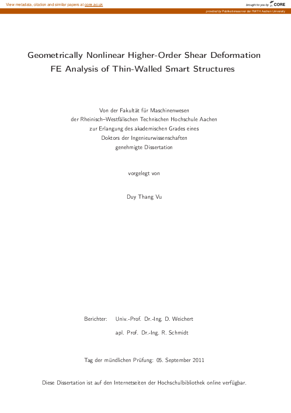Pdf Geometrically Nonlinear Higher Order Shear Deformation Fe Analysis Of Thin Walled Smart