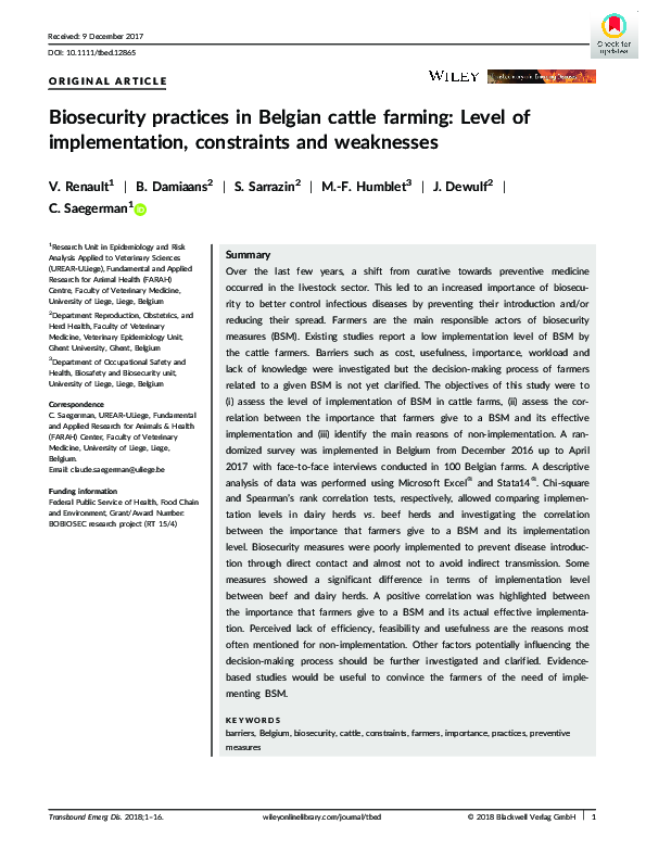 (PDF) Biosecurity practices in Belgian cattle farming: Level of implementation, constraints and ...