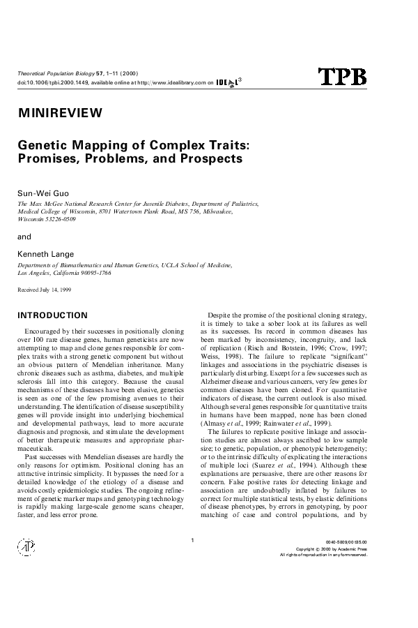 (PDF) Genetic Mapping of Complex Traits: Promises, Problems, and Prospects | Sun-Wei Guo ...