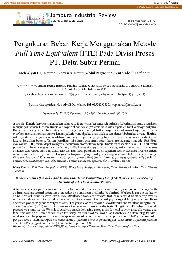 (PDF) Pengukuran Beban Kerja Menggunakan Metode Full Time Equivalent (FTE) Pada Divisi Proses PT ...