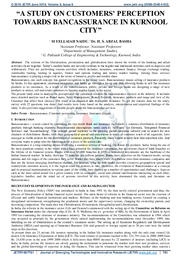 (PDF) A STUDY ON CUSTOMERS PERCEPTION TOWARDS BANCASSURANCE IN KURNOOL CITY