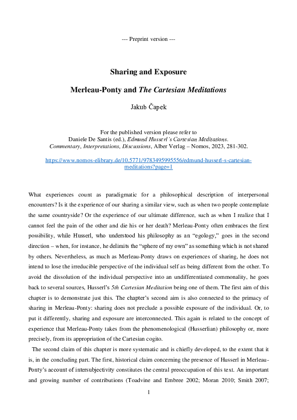(PDF) Sharing and Exposure. Merleau-Ponty and The Cartesian Meditations