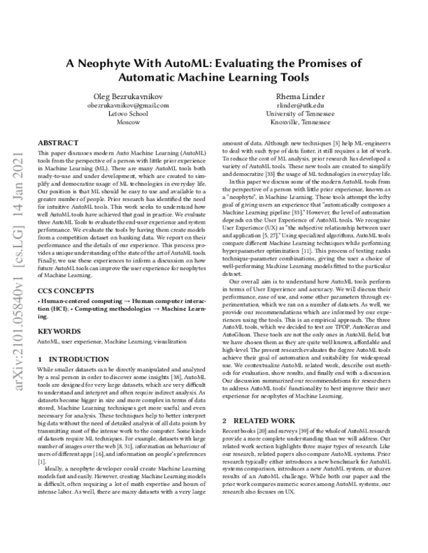(PDF) A Neophyte With AutoML: Evaluating the Promises of Automatic Machine Learning Tools