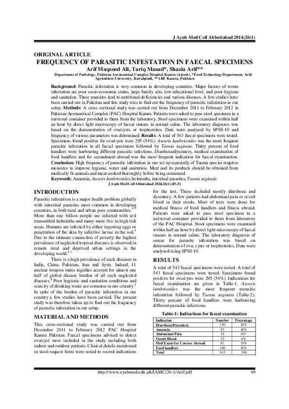 (PDF) Frequency of parasitic infestation in faecal specimens