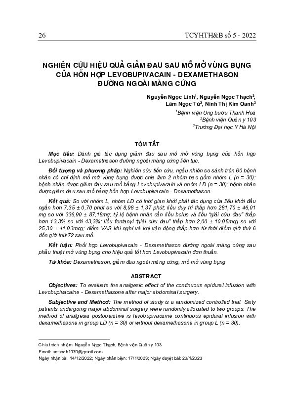 (PDF) Nghiên cứu hiệu quả giảm đau sau mổ mở vùng bụng của hỗn hợp Levobupivacain - Dexamethason ...