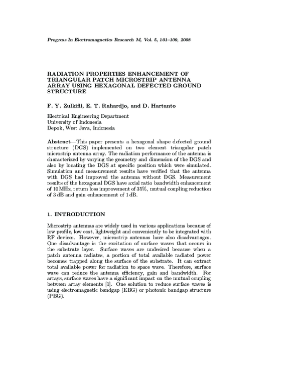 Pdf Radiation Properties Enhancement Of Triangular Patch Microstrip Antenna Array Using