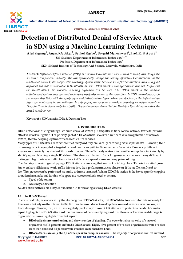 Pdf Detection Of Distributed Denial Of Service Attack In Sdn Using A Machine Learning Technique
