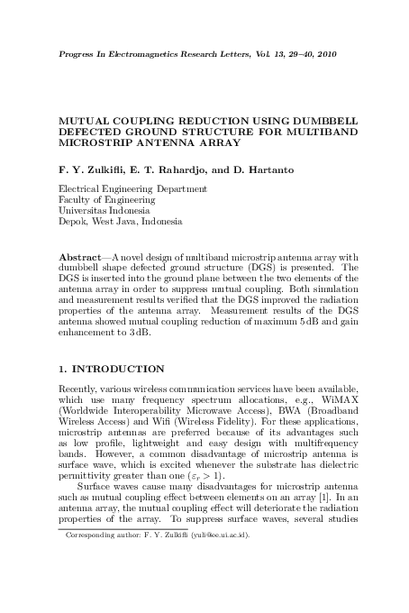 Pdf Mutual Coupling Reduction Using Dumbbell Defected Ground Structure For Multiband