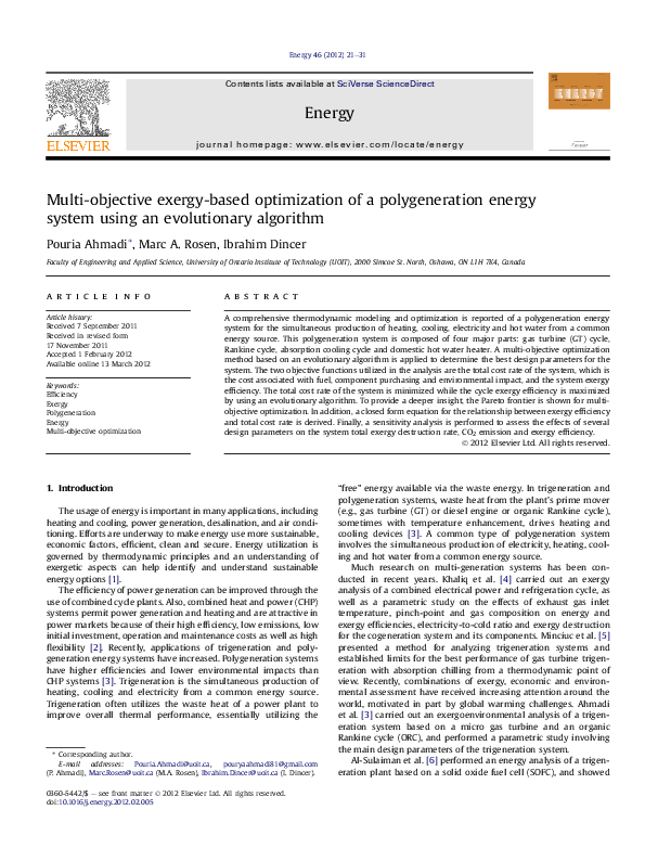 Pdf Multi Objective Exergy Based Optimization Of A Polygeneration