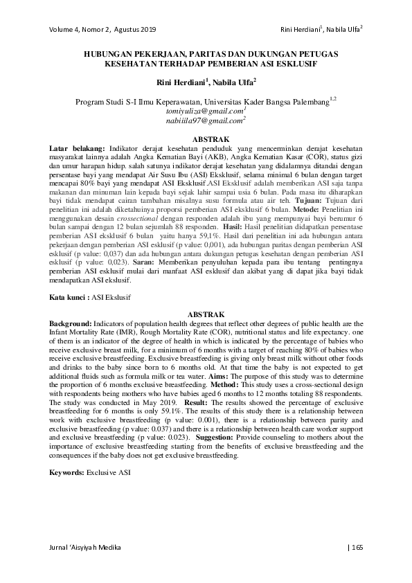 (PDF) Hubungan Pekerjaan, Paritas Dan Dukungan Petugas Kesehatan Terhadap Pemberian Asi Esklusif