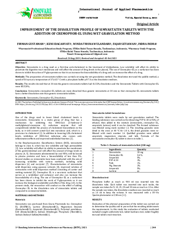 (PDF) IMPROVEMENT OF THE DISSOLUTION PROFILE OF SIMVASTATIN TABLETS ...
