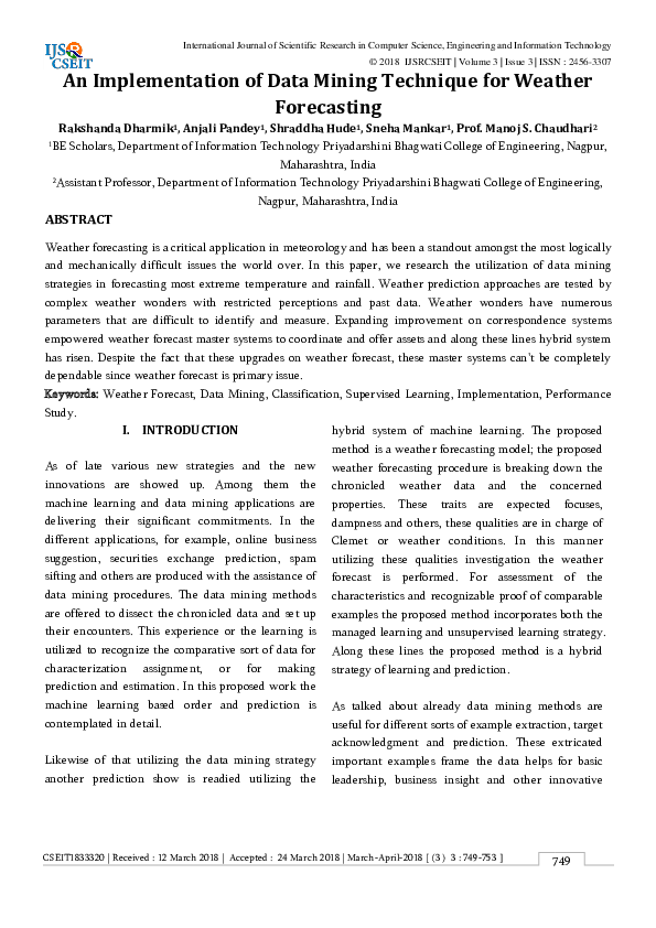 Pdf An Implementation Of Data Mining Technique For Weather Forecasting 1500