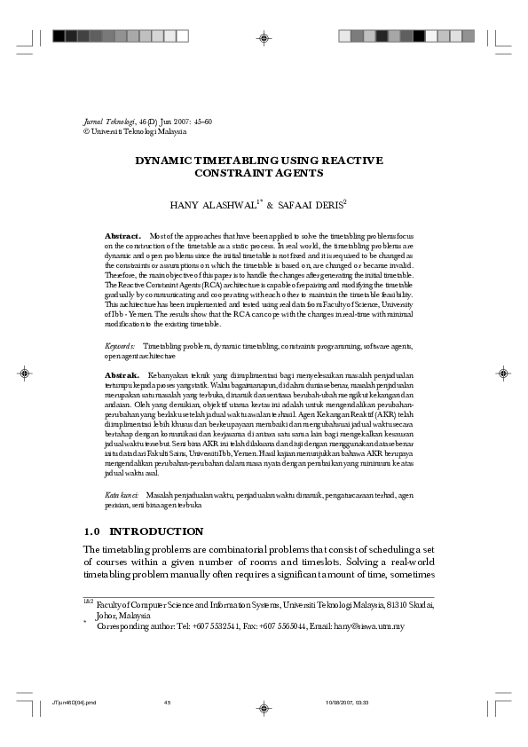 (PDF) Dynamic Timetabling Using Reactive Constraint Agents | Hany Alashwal - Academia.edu