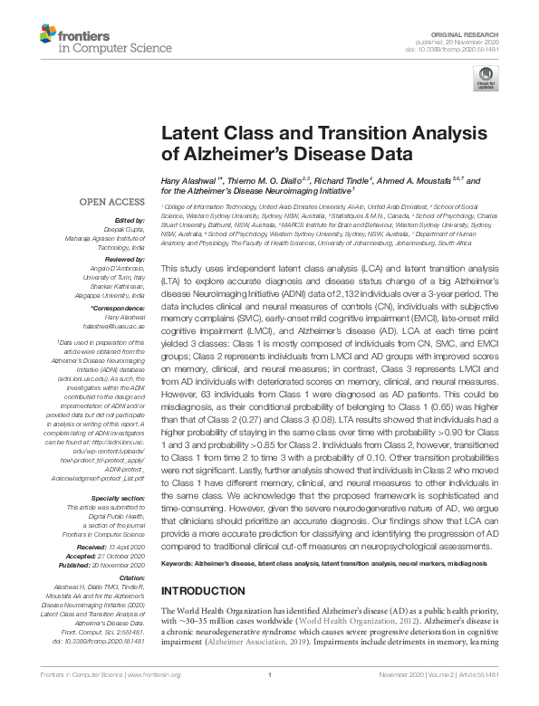(PDF) Latent Class and Transition Analysis of Alzheimer's Disease Data
