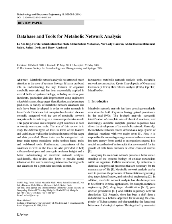 (PDF) Database and tools for metabolic network analysis