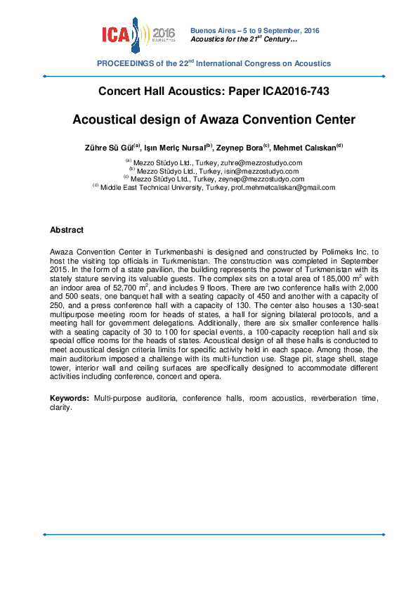 (PDF) Acoustical design of Awaza Convention Center Acoustical design of ...