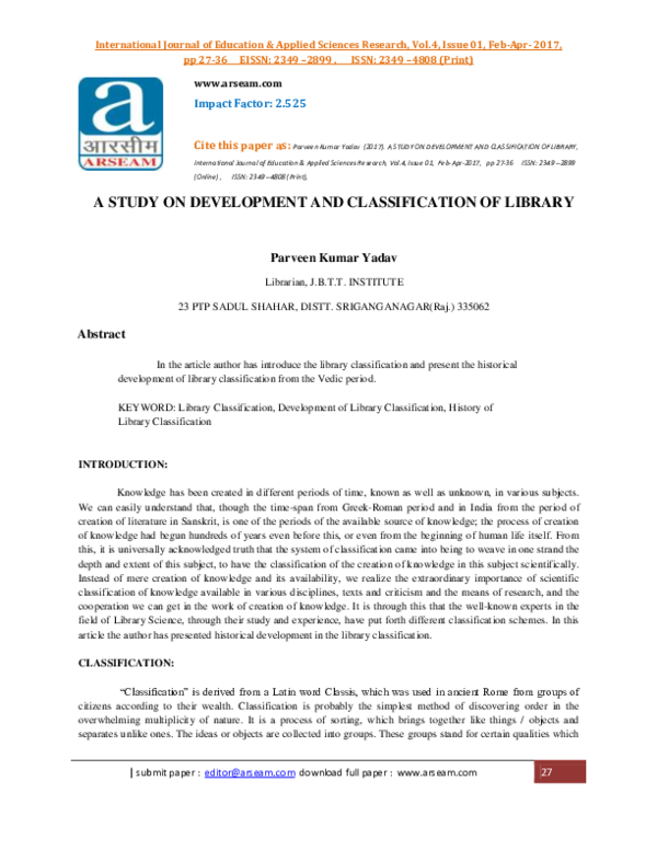 (PDF) A Study On Development And Classification Of Library