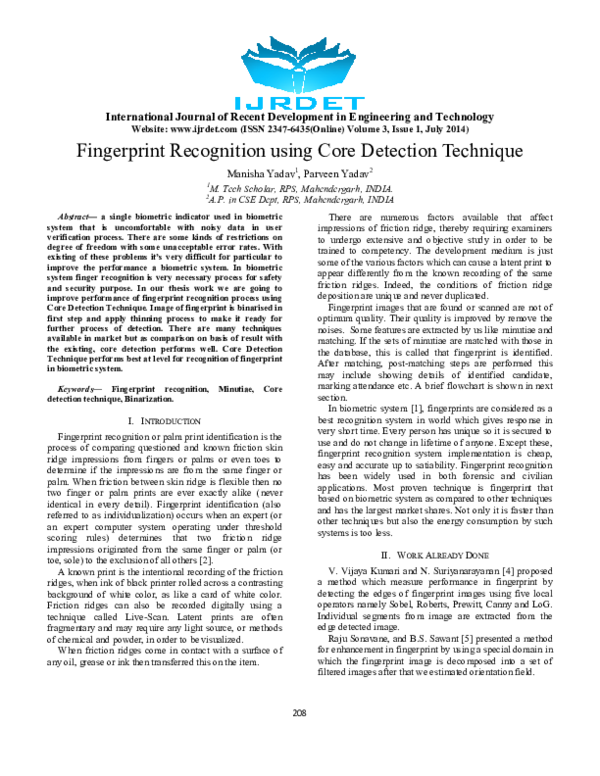 (PDF) Fingerprint Recognition using Core Detection Technique