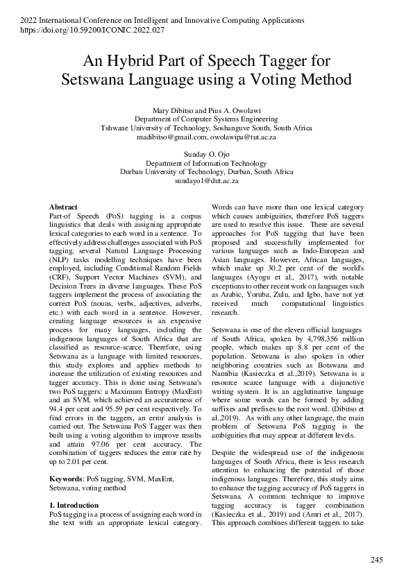 Pdf An Hybrid Part Of Speech Tagger For Setswana Language Using A Voting Method