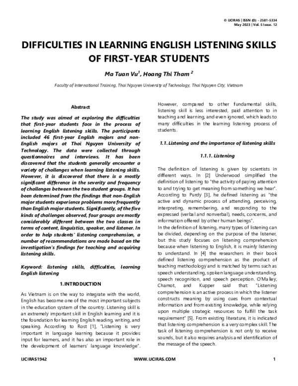 (PDF) DIFFICULTIES IN LEARNING ENGLISH LISTENING SKILLS OF FIRST-YEAR ...