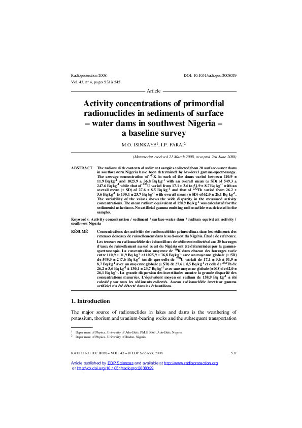 (PDF) Activity concentrations of primordial radionuclides in sediments ...