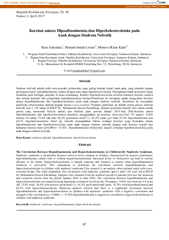 (PDF) Korelasi antara Hipoalbuminemia dan Hiperkolesterolemia pada Anak dengan Sindrom Nefrotik