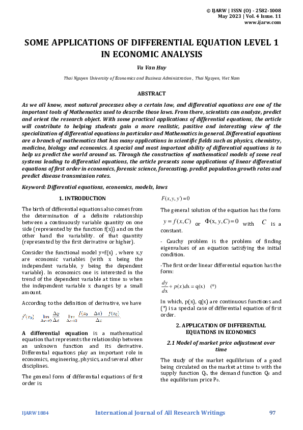 Pdf Some Applications Of Differential Equation Level 1 In Economic Analysis