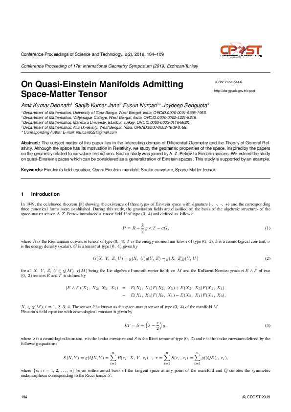 (PDF) On Quasi-Einstein Manifolds Admitting Space-Matter Tensor