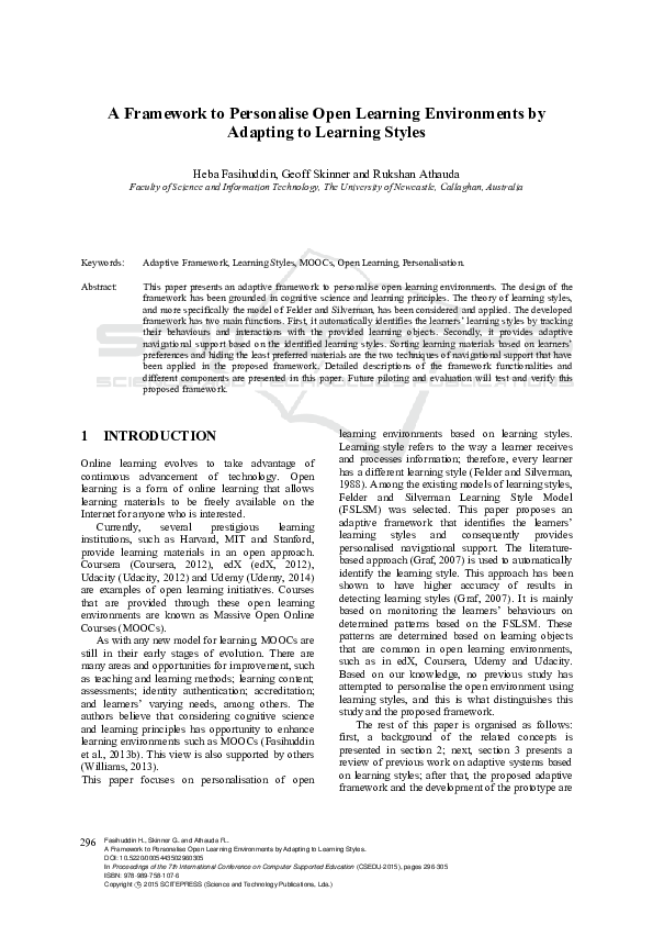 (PDF) A Framework to Personalise Open Learning Environments by Adapting to Learning Styles