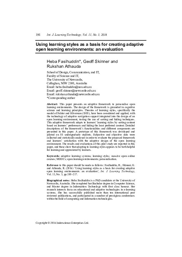(PDF) Using learning styles as a basis for creating adaptive open learning environments: an ...