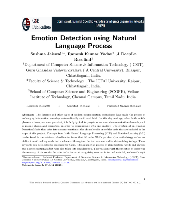 Pdf Emotion Detection Using Natural Language Process