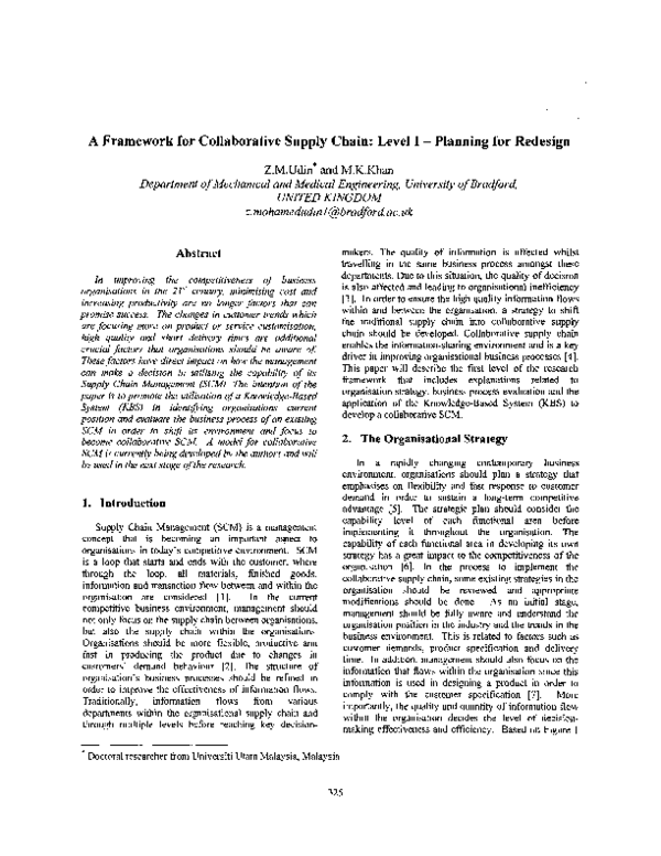 (PDF) A framework for collaborative supply chain: Level 1 - planning for redesign