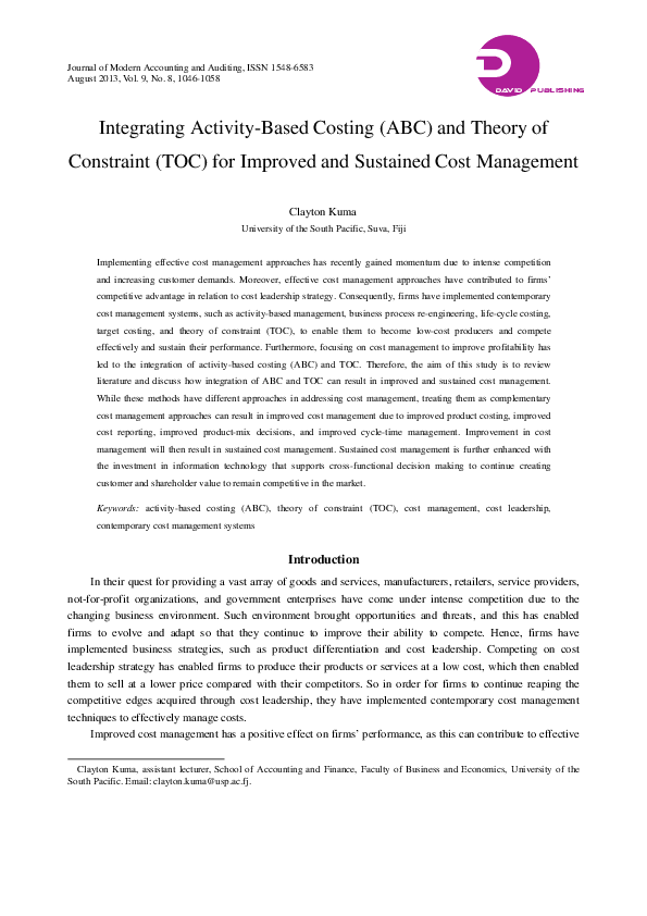 (PDF) Integrating activity - based costing (ABC) and theory ofconstraint (TOC) for improved and ...