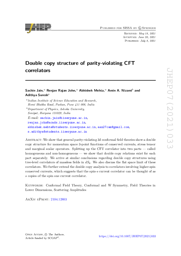 (PDF) Double copy structure of parity-violating CFT correlators | Adithya suresh - Academia.edu