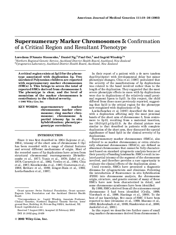 (PDF) Supernumerary marker chromosomes 5: Confirmation of a critical region and resultant ...