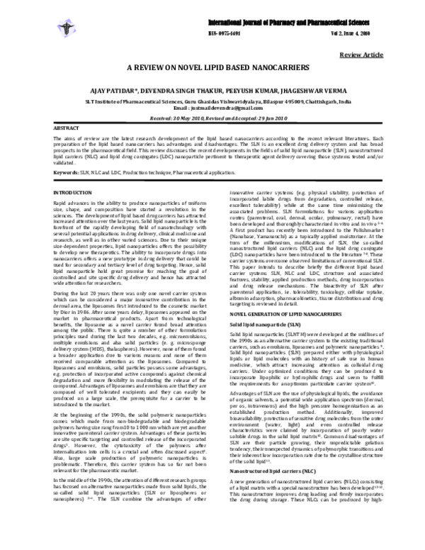 Pdf A Review On Novel Lipid Based Nanocarriers