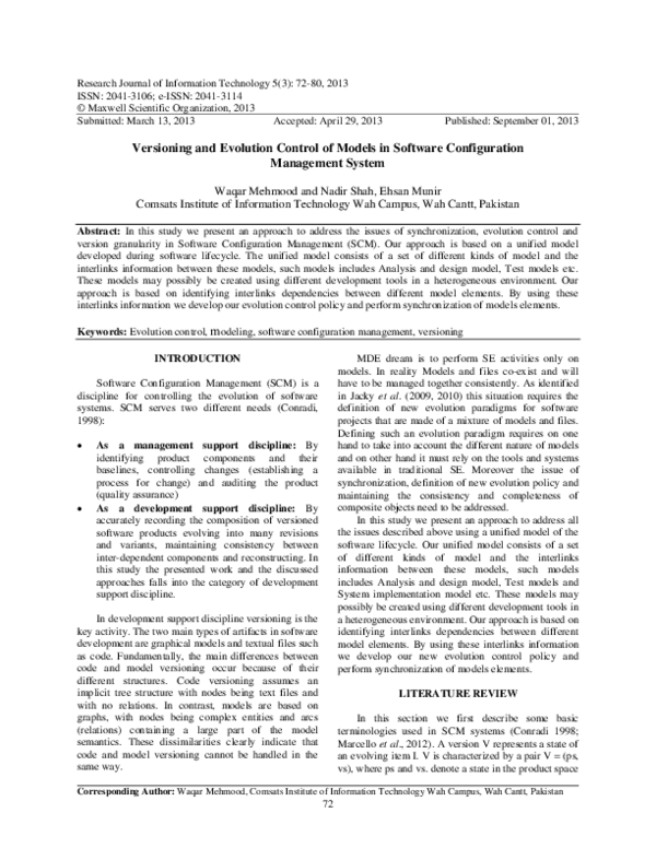 Pdf Versioning And Evolution Control Of Models In Software Configuration Management System
