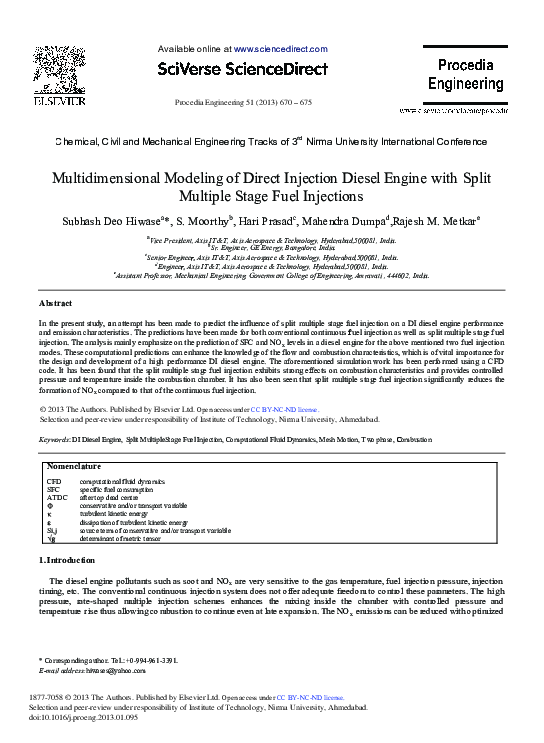 (PDF) Multidimensional Modeling of Direct Injection Diesel Engine with Split Multiple Stage Fuel ...