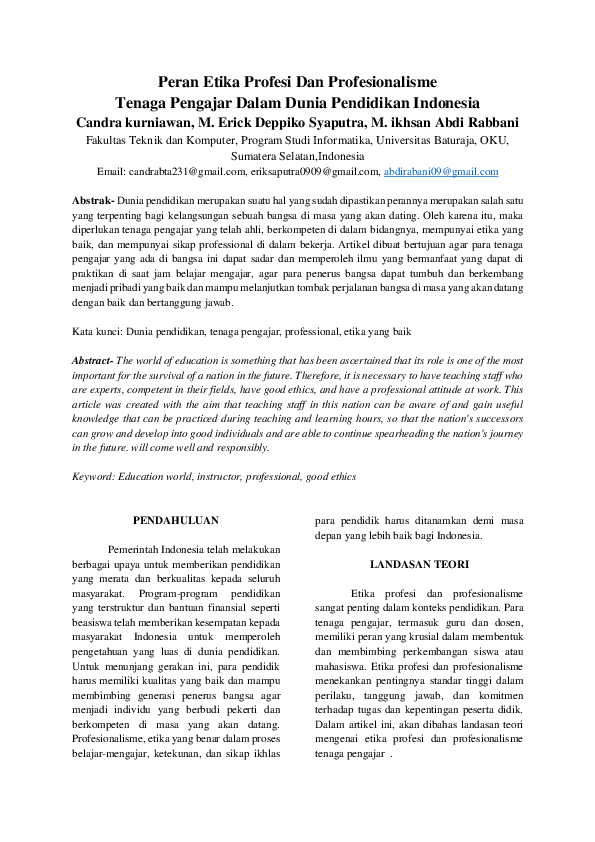 (PDF) Peran Etika Profesi Dan Profesionalisme Tenaga Pengajar Dalam Dunia Pendidikan Indonesia