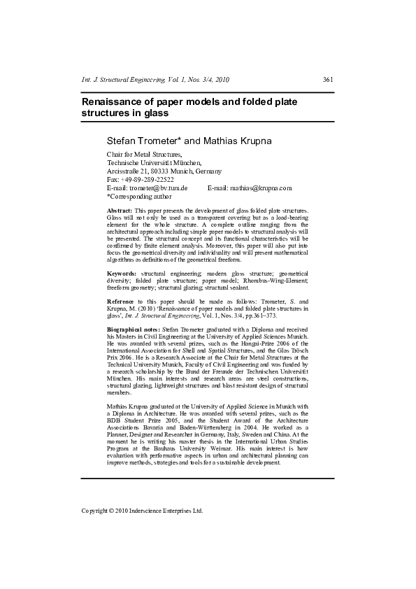 (PDF) Renaissance of paper models and folded plate structures in glass