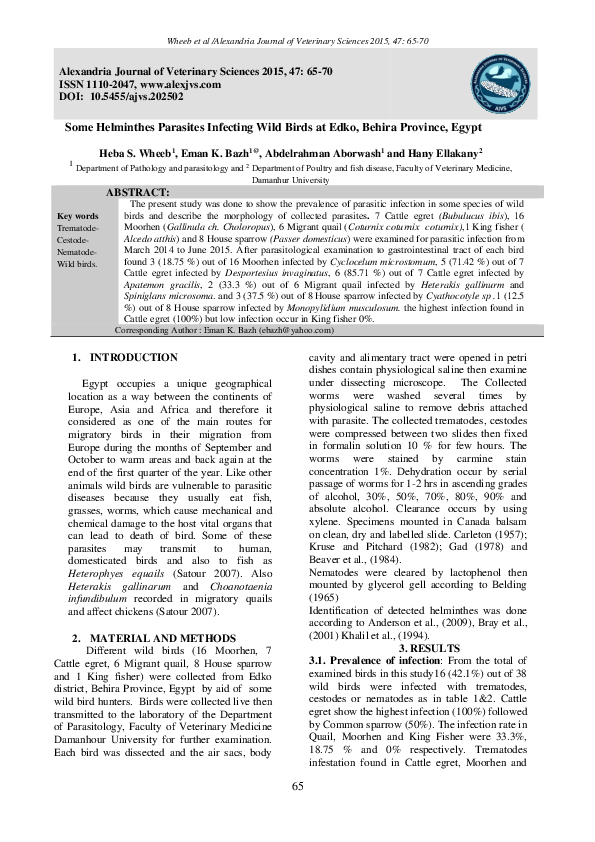 (PDF) Some Helminthes Parasites Infecting Wild Birds at Edko, Behira ...