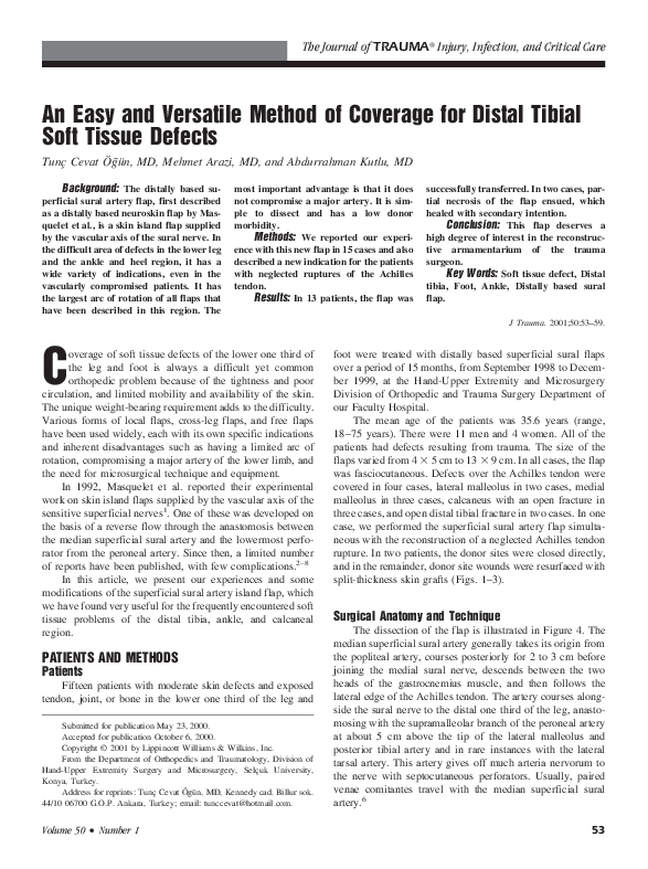 Pdf An Easy And Versatile Method Of Coverage For Distal Tibial Soft Tissue Defects Tunç