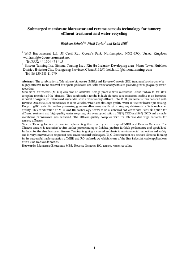 (PDF) Submerged membrane bioreactor and reverse osmosis technology for tannery effluent ...