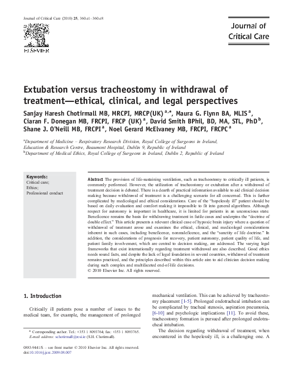 (PDF) Extubation versus tracheostomy in withdrawal of treatment—ethical ...