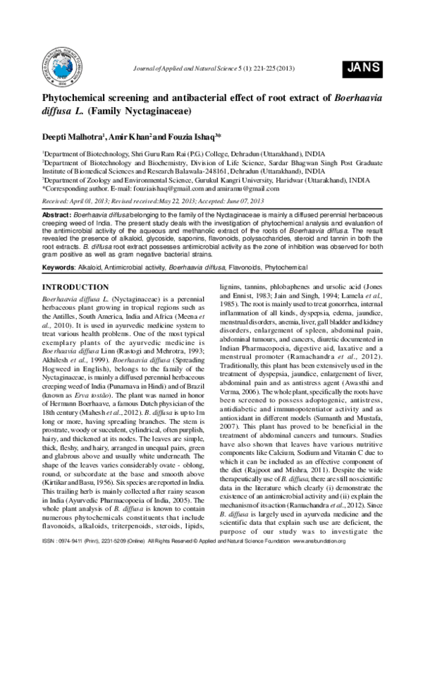 (PDF) Phytochemical screening and antibacterial effect of root extract of Boerhaavia diffusa L ...